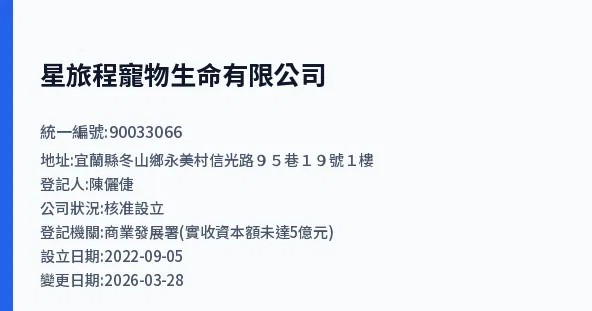 星旅程寵物生命有限公司的照片-統編 90033066(宜蘭縣) 公司登記資料與營業項目詳細圖表