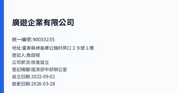 廣遊企業有限公司的照片-統編 90033235(臺東縣) 公司登記資料與營業項目詳細圖表