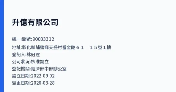 升億有限公司的照片-統編 90033312(彰化縣) 公司登記資料與營業項目詳細圖表