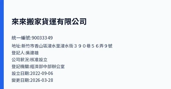 來來搬家貨運有限公司的照片-統編 90033349(新竹市) 公司登記資料與營業項目詳細圖表
