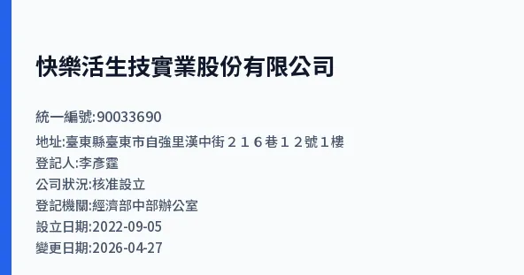 快樂活生技實業股份有限公司的照片-統編 90033690(臺東縣) 公司登記資料與營業項目詳細圖表