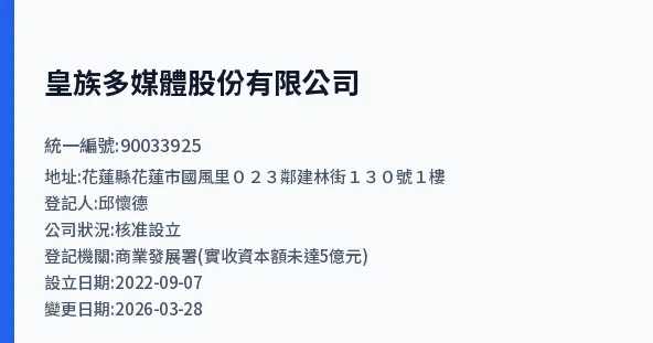 皇族多媒體股份有限公司的照片-統編 90033925(花蓮縣) 公司登記資料與營業項目詳細圖表