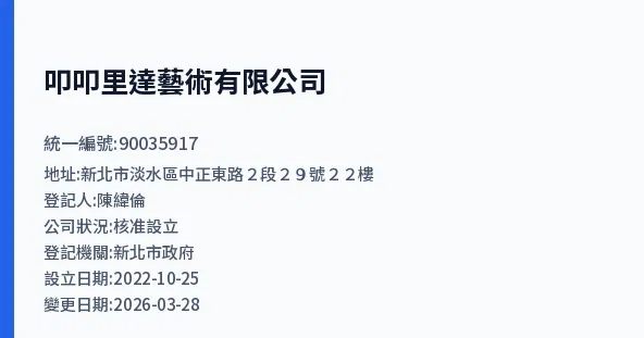 叩叩里達藝術有限公司的照片-統編 90035917(新北市) 公司登記資料與營業項目詳細圖表