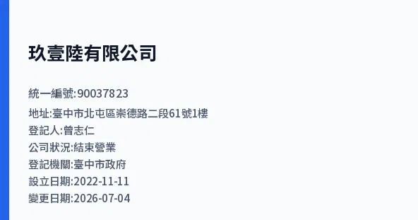 玖壹陸有限公司的照片-統編 90037823(臺中市) 公司登記資料與營業項目詳細圖表
