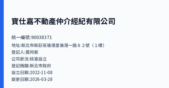 寶仕嘉不動產仲介經紀有限公司的照片-統編 90038371(新北市) 公司登記資料與營業項目詳細圖表