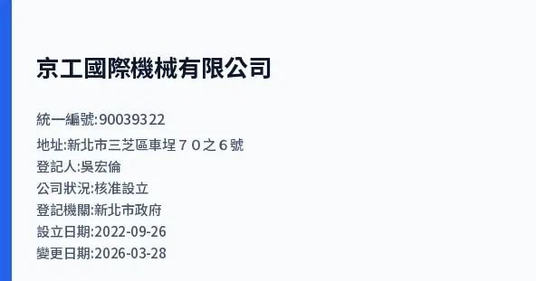 京工國際機械有限公司的照片-統編 90039322(新北市) 公司登記資料與營業項目詳細圖表