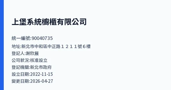 上堡系統櫥櫃有限公司的照片-統編 90040735(新北市) 公司登記資料與營業項目詳細圖表