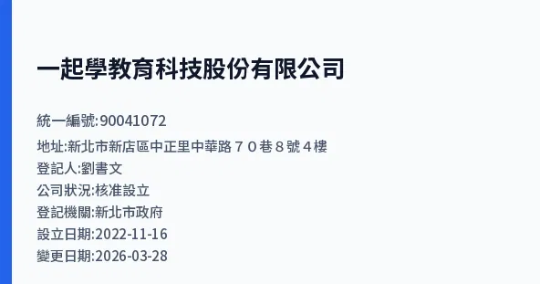 一起學教育科技股份有限公司的照片-統編 90041072(新北市) 公司登記資料與營業項目詳細圖表