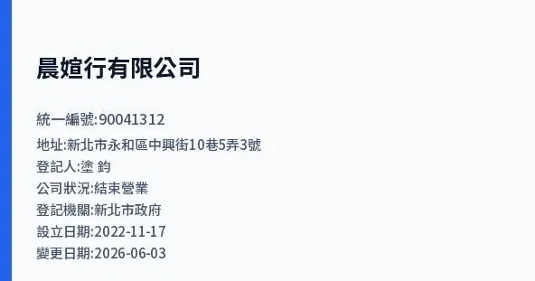 晨媗行有限公司的照片-統編 90041312(新北市) 公司登記資料與營業項目詳細圖表