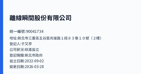 離線瞬間股份有限公司的照片-統編 90041734(新北市) 公司登記資料與營業項目詳細圖表