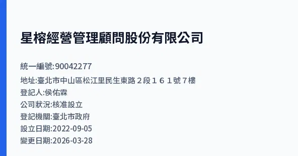 星榕經營管理顧問股份有限公司的照片-統編 90042277(臺北市) 公司登記資料與營業項目詳細圖表