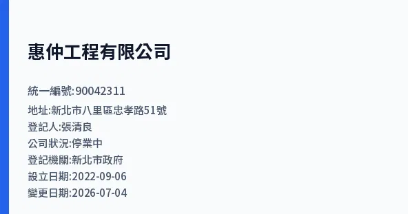 惠仲工程有限公司的照片-統編 90042311(新北市) 公司登記資料與營業項目詳細圖表