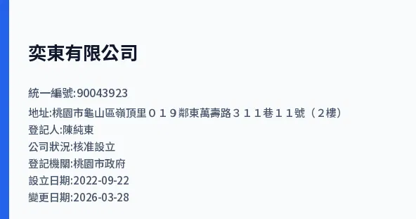 奕東有限公司的照片-統編 90043923(桃園市) 公司登記資料與營業項目詳細圖表