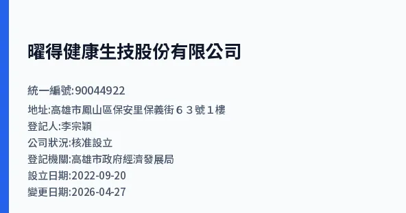 曜得健康生技股份有限公司的照片-統編 90044922(高雄市) 公司登記資料與營業項目詳細圖表