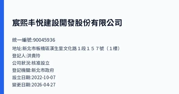 宸熙丰悦建設開發股份有限公司的照片-統編 90045936(新北市) 公司登記資料與營業項目詳細圖表