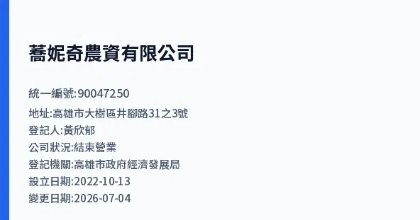 蕎妮奇農資有限公司的照片-統編 90047250(高雄市) 公司登記資料與營業項目詳細圖表