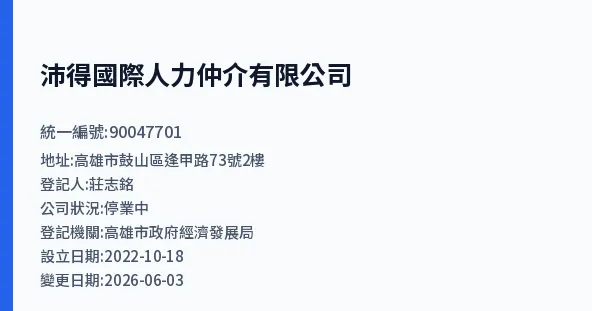 沛得國際人力仲介有限公司的照片-統編 90047701(高雄市) 公司登記資料與營業項目詳細圖表