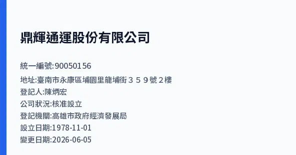 鼎輝通運股份有限公司的照片-統編 90050156(臺南市) 公司登記資料與營業項目詳細圖表