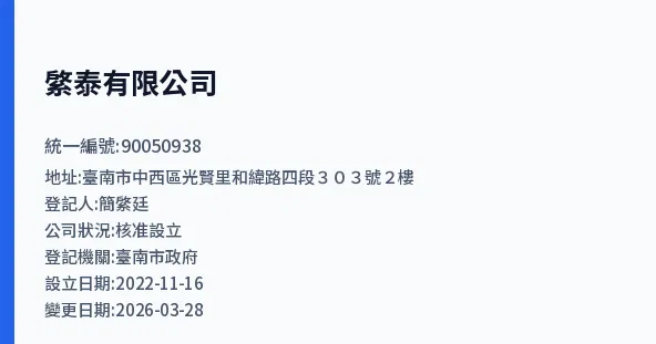 綮泰有限公司的照片-統編 90050938(臺南市) 公司登記資料與營業項目詳細圖表