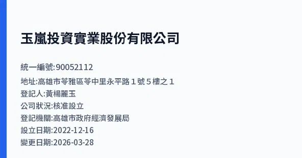 玉嵐投資實業股份有限公司的照片-統編 90052112(高雄市) 公司登記資料與營業項目詳細圖表