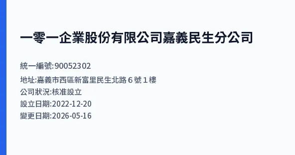 一零一企業股份有限公司嘉義民生分公司的照片-統編 90052302(嘉義市) 公司登記資料與營業項目詳細圖表