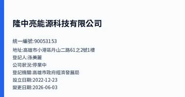 隆中亮能源科技有限公司的照片-統編 90053153(高雄市) 公司登記資料與營業項目詳細圖表