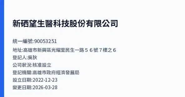 新硒望生醫科技股份有限公司的照片-統編 90053251(高雄市) 公司登記資料與營業項目詳細圖表