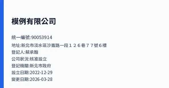 模例有限公司的照片-統編 90053914(新北市) 公司登記資料與營業項目詳細圖表