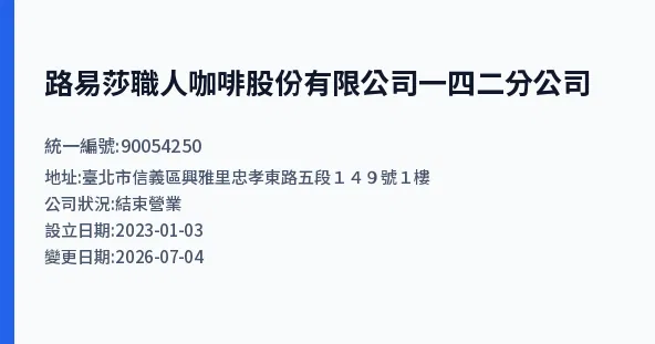 路易莎職人咖啡股份有限公司一四二分公司的照片-統編 90054250(臺北市) 公司登記資料與營業項目詳細圖表