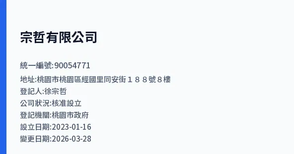 宗哲有限公司的照片-統編 90054771(桃園市) 公司登記資料與營業項目詳細圖表