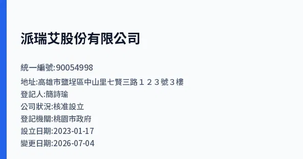 派瑞艾股份有限公司的照片-統編 90054998(高雄市) 公司登記資料與營業項目詳細圖表