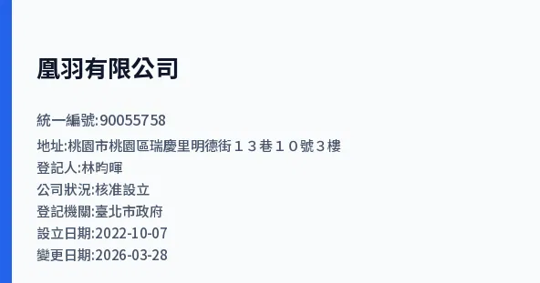 凰羽有限公司的照片-統編 90055758(桃園市) 公司登記資料與營業項目詳細圖表