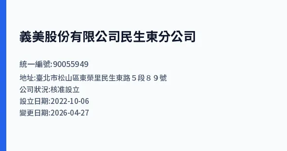 義美股份有限公司民生東分公司的照片-統編 90055949(臺北市) 公司登記資料與營業項目詳細圖表