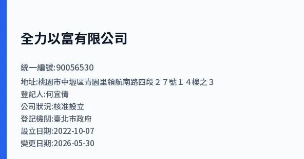 全力以富有限公司的照片-統編 90056530(桃園市) 公司登記資料與營業項目詳細圖表