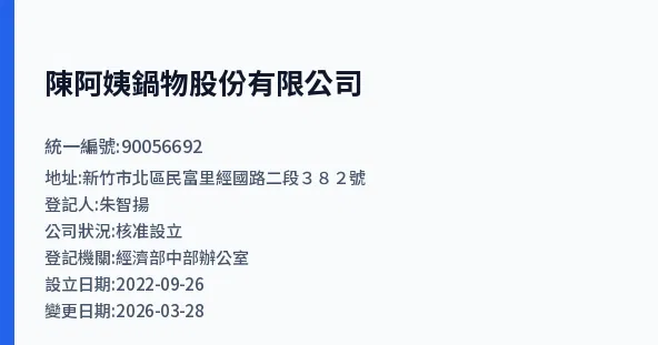 陳阿姨鍋物股份有限公司的照片-統編 90056692(新竹市) 公司登記資料與營業項目詳細圖表
