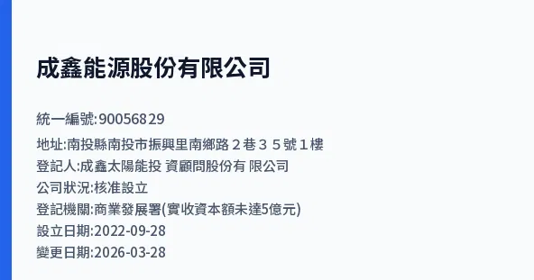 成鑫能源股份有限公司的照片-統編 90056829(南投縣) 公司登記資料與營業項目詳細圖表