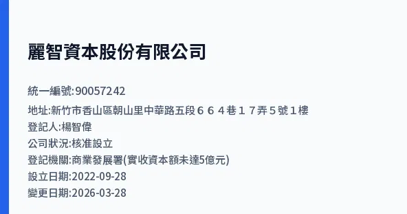 麗智資本股份有限公司的照片-統編 90057242(新竹市) 公司登記資料與營業項目詳細圖表