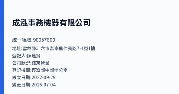 成泓事務機器有限公司的照片-統編 90057600(雲林縣) 公司登記資料與營業項目詳細圖表
