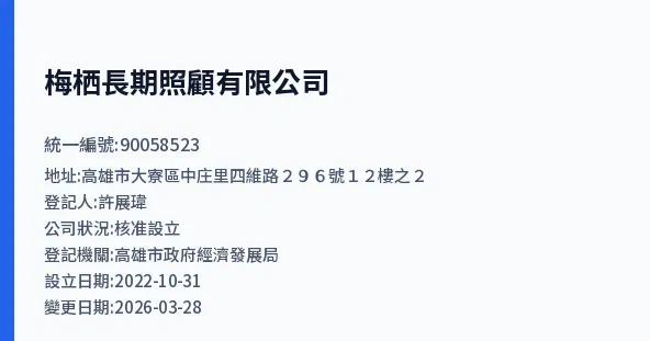 梅栖長期照顧有限公司的照片-統編 90058523(高雄市) 公司登記資料與營業項目詳細圖表