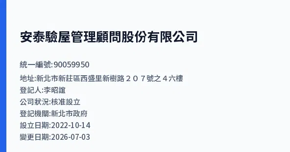 安泰驗屋管理顧問股份有限公司的照片-統編 90059950(新北市) 公司登記資料與營業項目詳細圖表