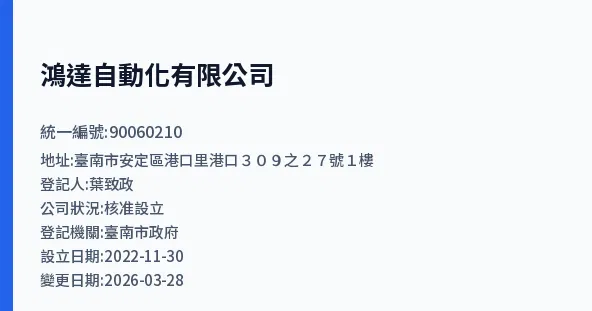 鴻達自動化有限公司的照片-統編 90060210(臺南市) 公司登記資料與營業項目詳細圖表
