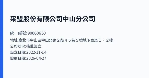采盟股份有限公司中山分公司的照片-統編 90060653(臺北市) 公司登記資料與營業項目詳細圖表