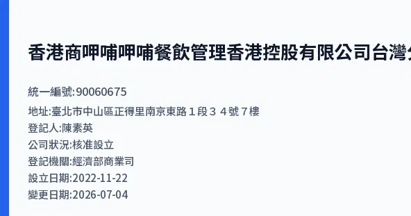 香港商呷哺呷哺餐飲管理香港控股有限公司台灣分公司的照片-統編 90060675(臺北市) 公司登記資料與營業項目詳細圖表