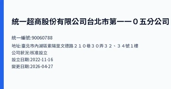 統一超商股份有限公司台北市第一一0五分公司的照片-統編 90060788(臺北市) 公司登記資料與營業項目詳細圖表