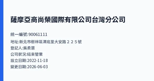 薩摩亞商尚榮國際有限公司台灣分公司的照片-統編 90061111(新北市) 公司登記資料與營業項目詳細圖表