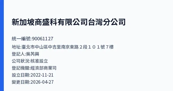 新加坡商盛科有限公司台灣分公司的照片-統編 90061127(臺北市) 公司登記資料與營業項目詳細圖表
