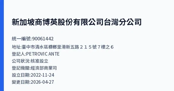 新加坡商博英股份有限公司台灣分公司的照片-統編 90061442(臺中市) 公司登記資料與營業項目詳細圖表