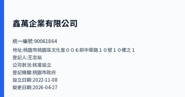 鑫萬企業有限公司的照片-統編 90061864(桃園市) 公司登記資料與營業項目詳細圖表