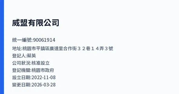 威盟有限公司的照片-統編 90061914(桃園市) 公司登記資料與營業項目詳細圖表