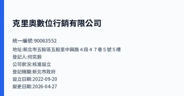 克里奧數位行銷有限公司的照片-統編 90063552(新北市) 公司登記資料與營業項目詳細圖表